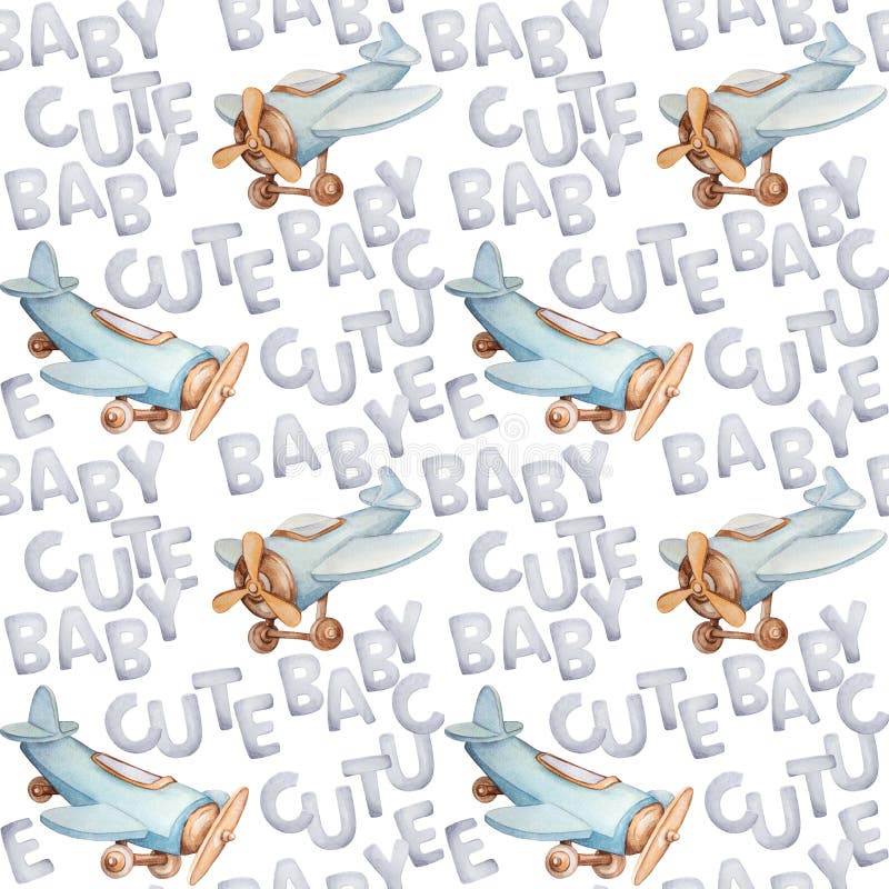 Letters Patterns, Baby Plane Watercolor, White Background Stock ...
