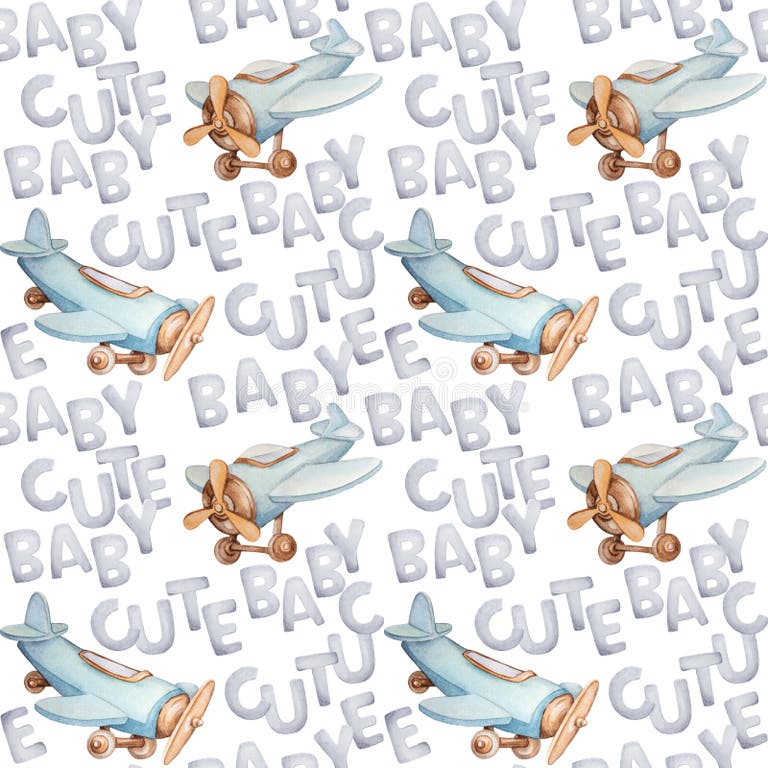 Letters Patterns, Baby Plane Watercolor, White Background Stock ...