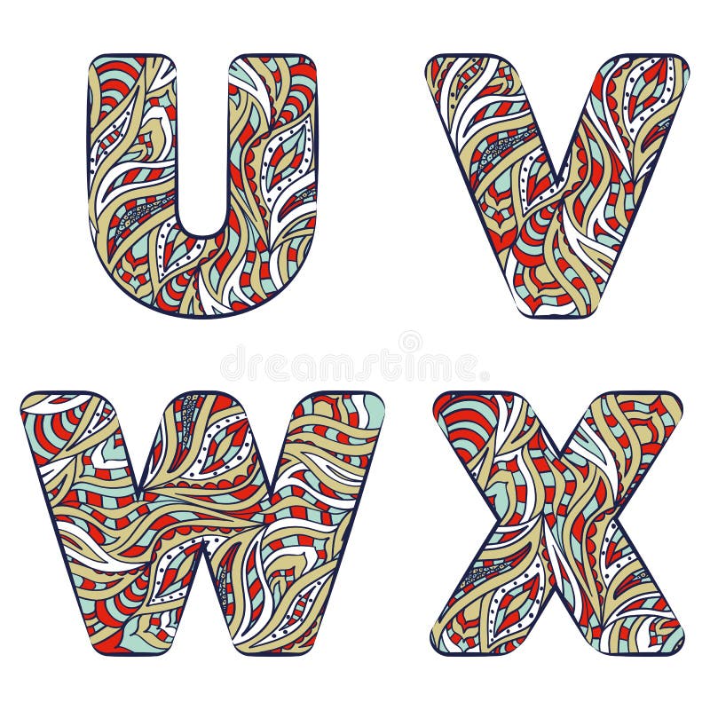 Letters U, V, W, X. Set Colorful Alphabet of Doodles Patterns. Stock ...