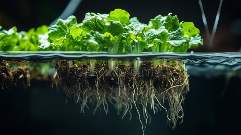 Hydroponic Lettuce Growing with Roots Visible Beneath Water in a ...