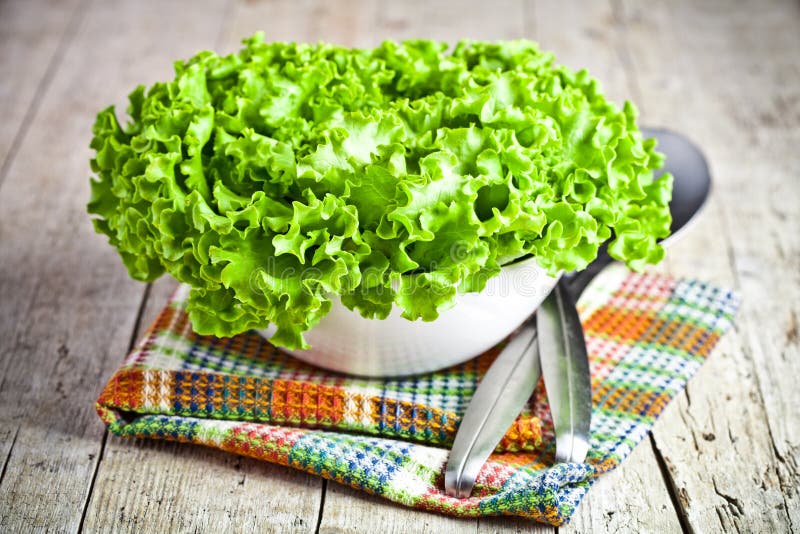 Lettuce Salad in Metal Bowl and Spoons Stock Photo - Image of healthy ...