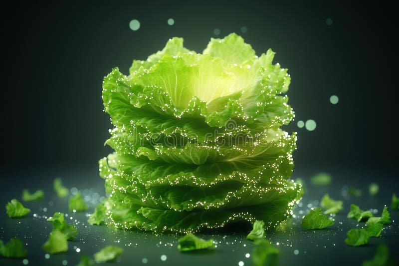 Lettuce Stacked in a Radiant Display with Glowing Particles on a Dark ...