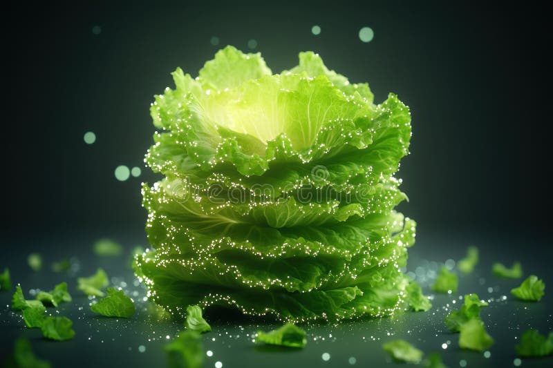 Lettuce Stacked in a Radiant Display with Glowing Particles on a Dark ...