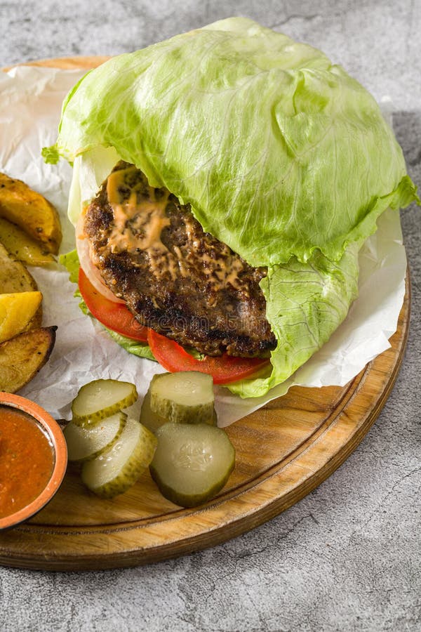 Lettuce Wrapped Hamburger, Low Carb Burger with Salad Stock Image ...
