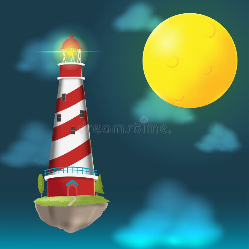 Leuchtturm-Floss-Insel-Wolkennachtvektor Vektor Abbildung ...