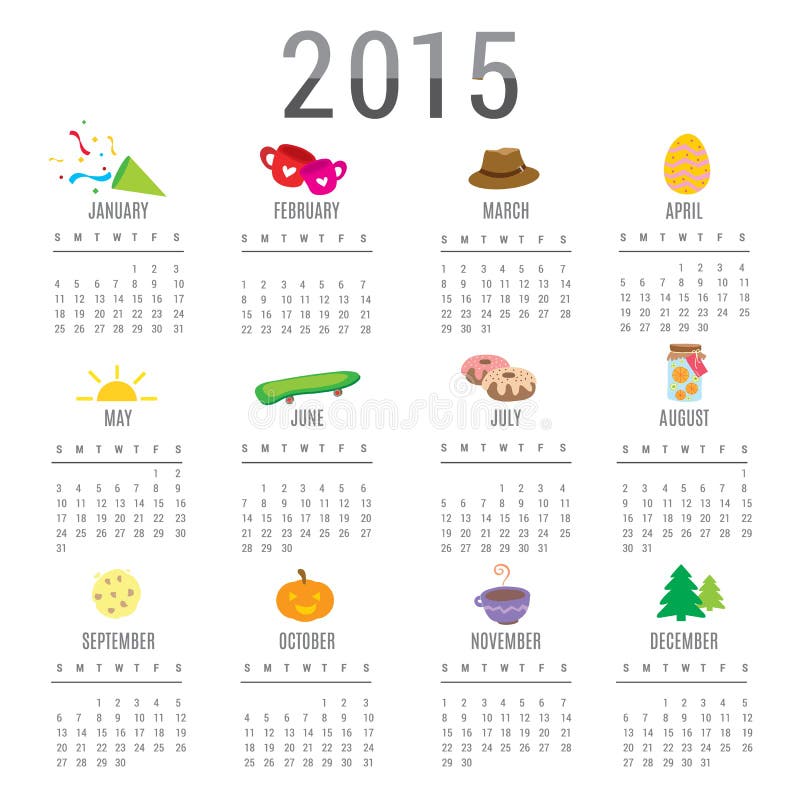 Leuke De Objecten Van Het Kalender 2015 Beeldverhaal Vector Vector ...