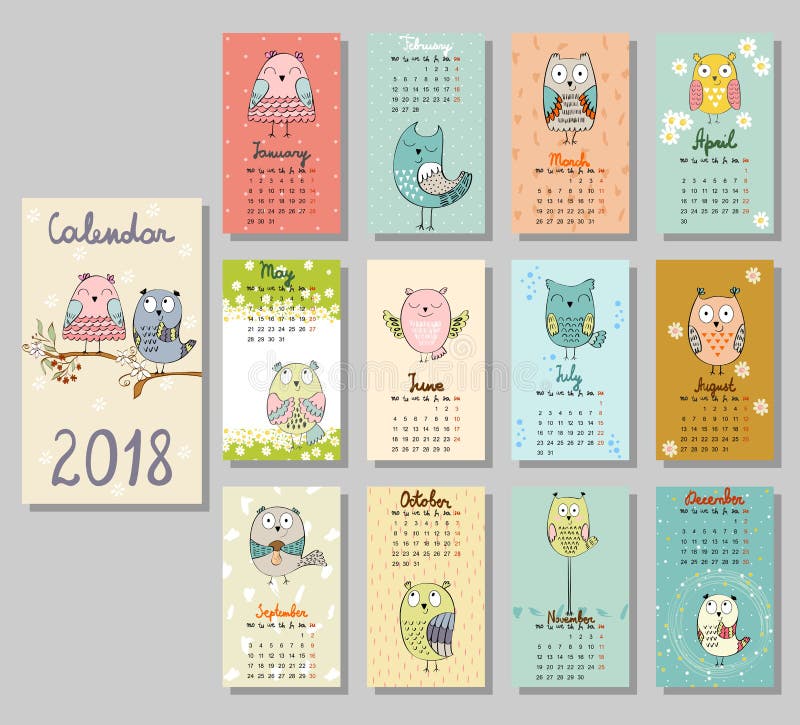 Leuke Kalender 2018 vector illustratie. Illustration of verf - 105244153