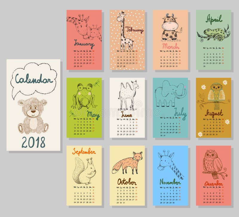Leuke Kalender 2018 vector illustratie. Illustration of nieuw - 105244197