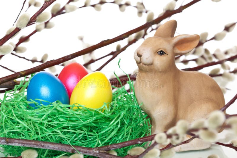 Leuke Paashaas Dichtbij Het Nest Van Pasen Met Eieren Stock Foto ...