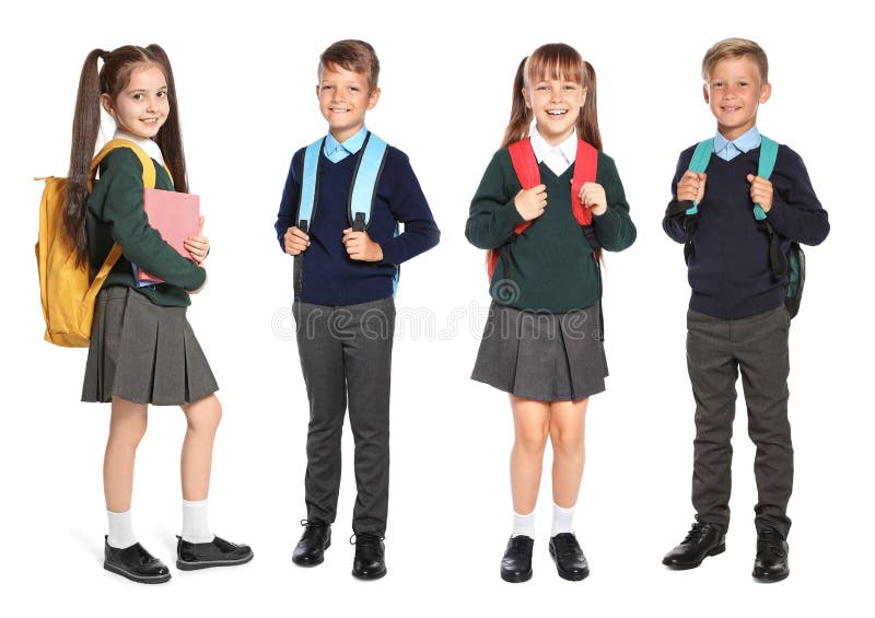 Leuke Schoolkinderen in Eenvormig Met Rugzakken Stock Afbeelding ...