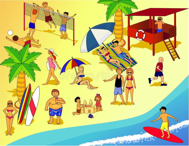 Leute am Strand vektor abbildung. Illustration von glücklich - 18888416