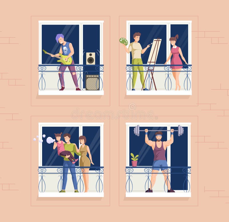 Leute Verbringen Zeit Auf Dem Balkon Oder Schauen Auf Das Fenster ... Leute Verbringen Zeit Auf Dem Balkon Oder Schauen Auf Das Fenster ...