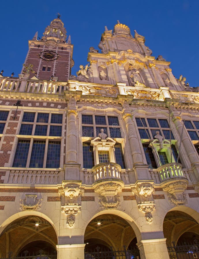 Leuven - University Library in Evening Dusk Stock Photo - Image of ...