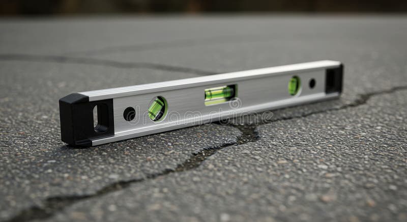 Level on Cracked Asphalt: Precision Tool Measuring Uneven Surface ...