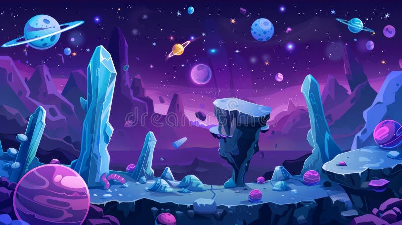 Level Map with Spaceship and Alien Planets, Cartoon 2D GUI Landscape ...