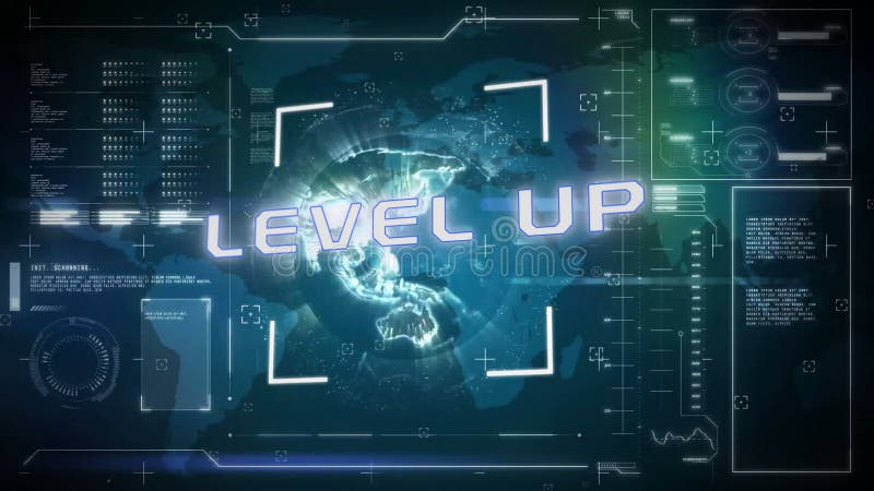 Level Up Text Animation Over Digital World Map and Futuristic Interface ...