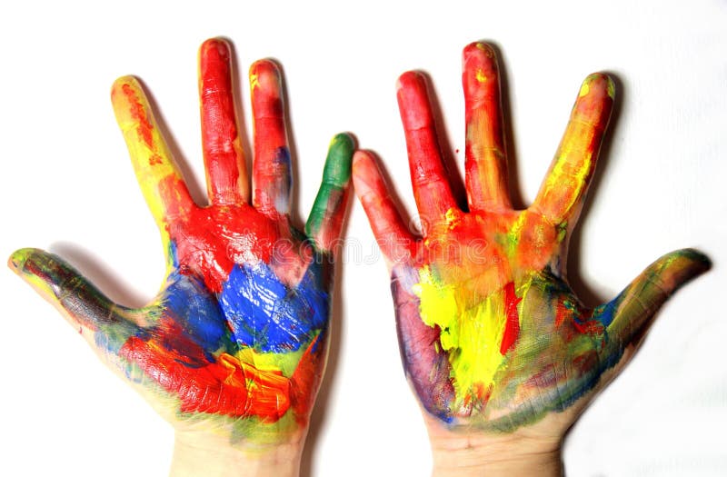 De Handen Van Mensen Vuil Van De Verf Met Verfborstels Stock Afbeelding ...
