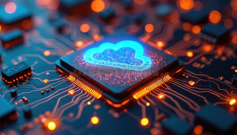 Leveraging Cloud Tech for Advanced AI Processing. Blue Cloud Icon on ...