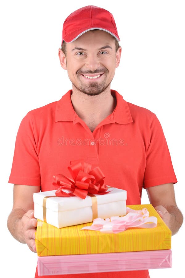 Leveranspojke Som Rymmer Ett Paket Och Ger En Skrivplatta För Signatu ...