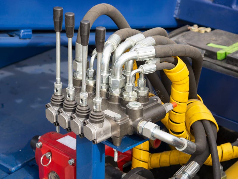 Levers and Pressure Control Unit of the Hydraulic Machine Closeup Stock ...