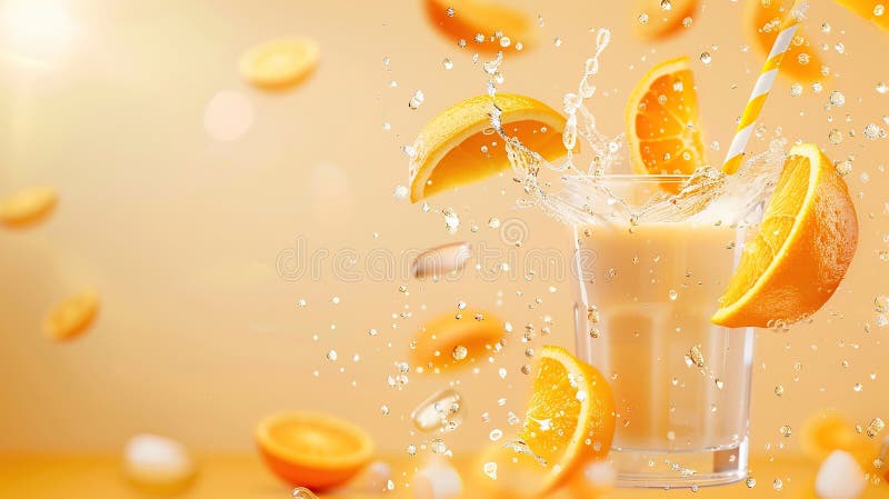 Levitate Exploded Groups of Orange, Milk, Straw, Glass on Blur Pastel ...