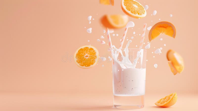 Levitate Exploded Groups of Orange, Milk, Straw, Glass on Blur Pastel ...