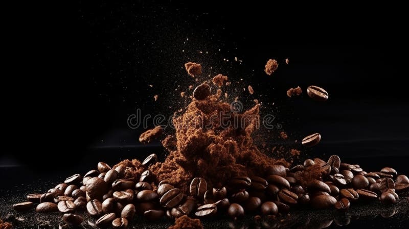 Levitate Explosion of Ground Coffee with Roasted Beans on Black Background. Generative Ai Stock ...