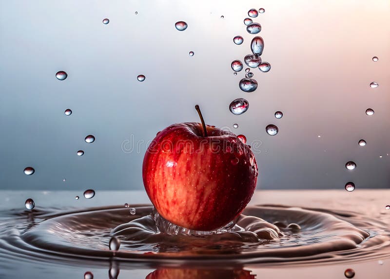 A Levitating Apple Surrounded by Floating Water Droplets, Creating a ...