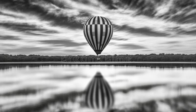 Levitating Balloon Floats Over Mountain Landscape in Black and White ...