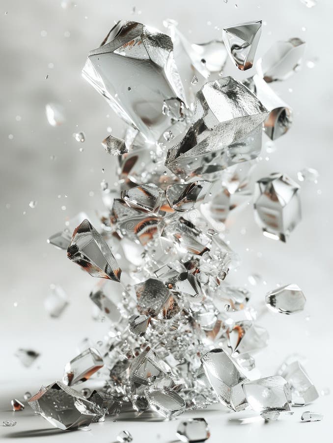 Levitating Broken Glass Cube or Diamond Splash on White Background in ...