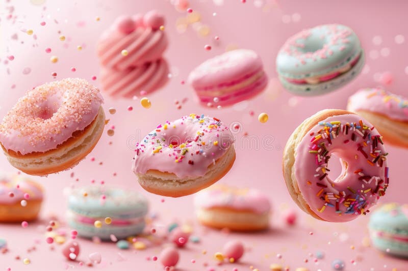 Levitating Cake Sweets on a Pink Background Stock Photo - Image of ...