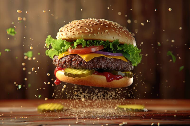Levitating Cheeseburger on Cherry Wood Background, Each Layer ...