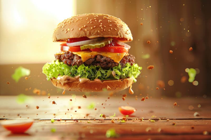 Levitating Cheeseburger on Cherry Wood Background, Each Layer ...