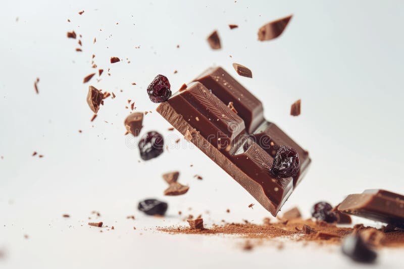 Levitating Chocolate Bar with Exploding Pieces and Berries Stock Photo ...