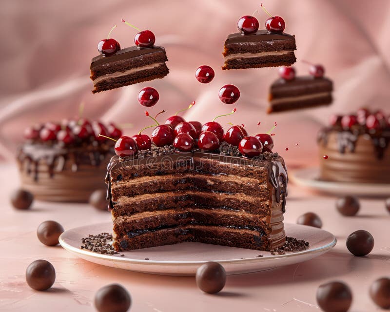 Levitating Chocolate Layer Cake with Cherries on Elegant Plate Against ...