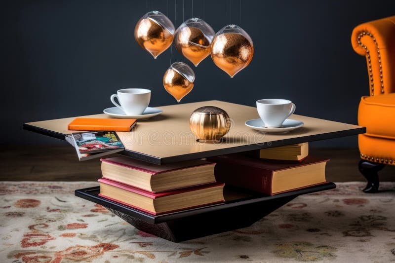 A Levitating Coffee Table with Hovering Books and Cups Stock ...