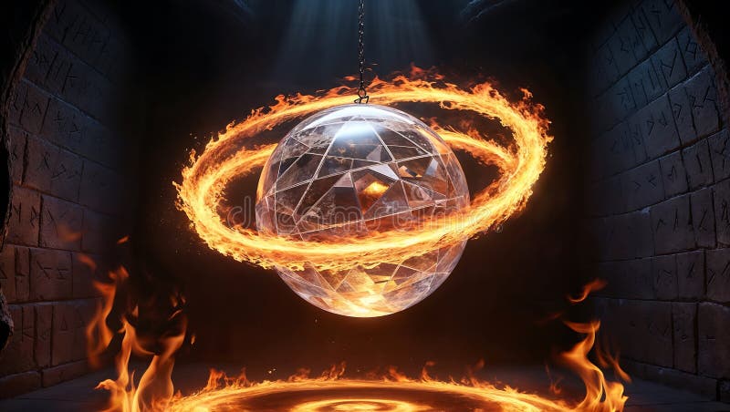 Levitating Crystal Orb Surrounded by Swirling Flames in Dark Chamber ...