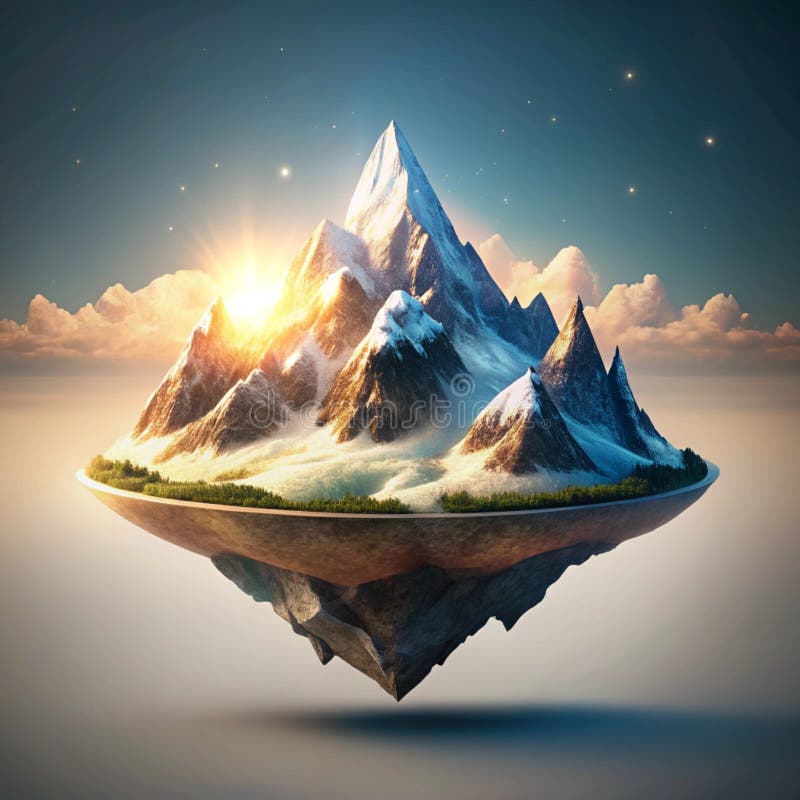 Floating 3D Mountain Range with Glowing Snow Caps Stock Illustration ...
