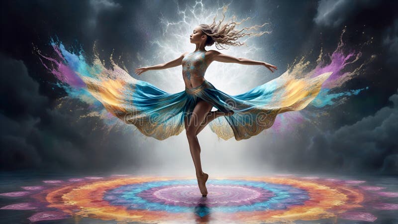 A Levitating Dancer with Metallic Reflective Skin, Surrounded by a ...