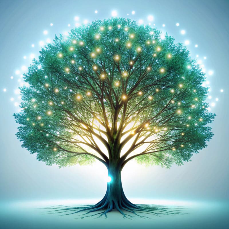 Floating Digital Tree with Glowing Branches and Animated Leaves Stock ...