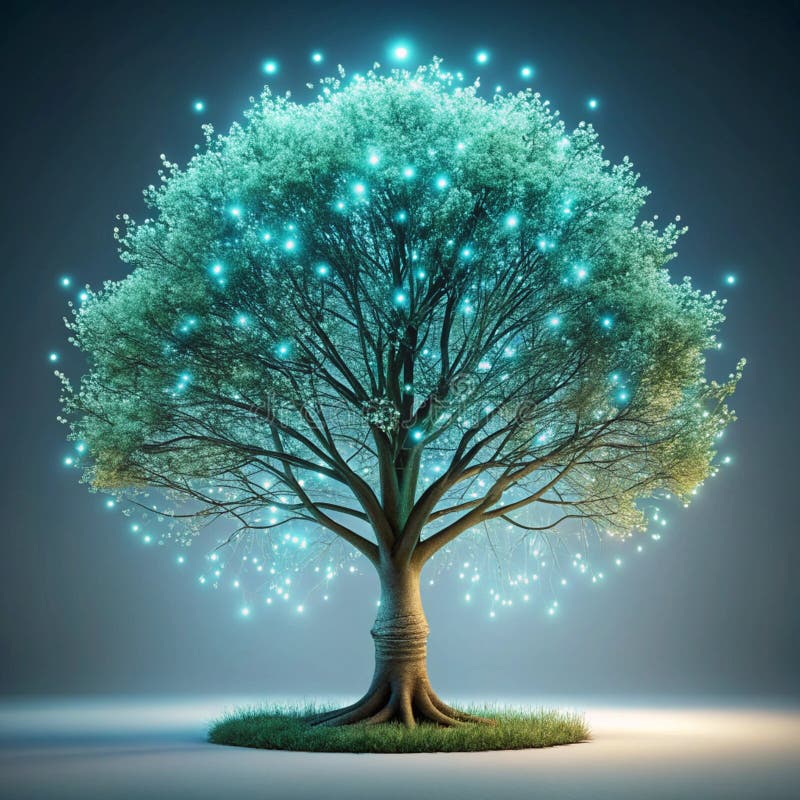 Floating Digital Tree with Glowing Branches and Animated Leaves Stock ...
