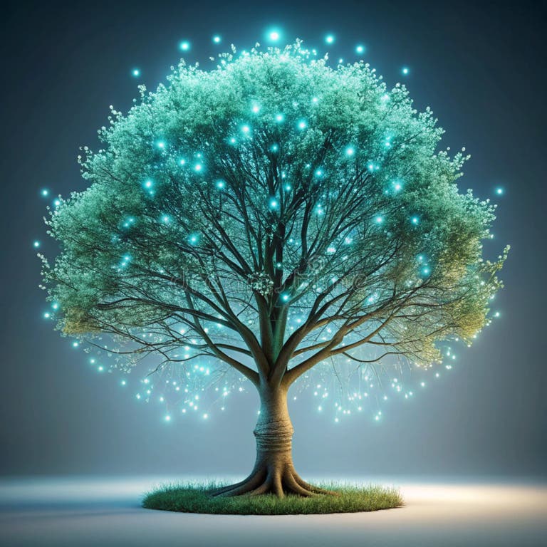 Floating Digital Tree with Glowing Branches and Animated Leaves Stock ...