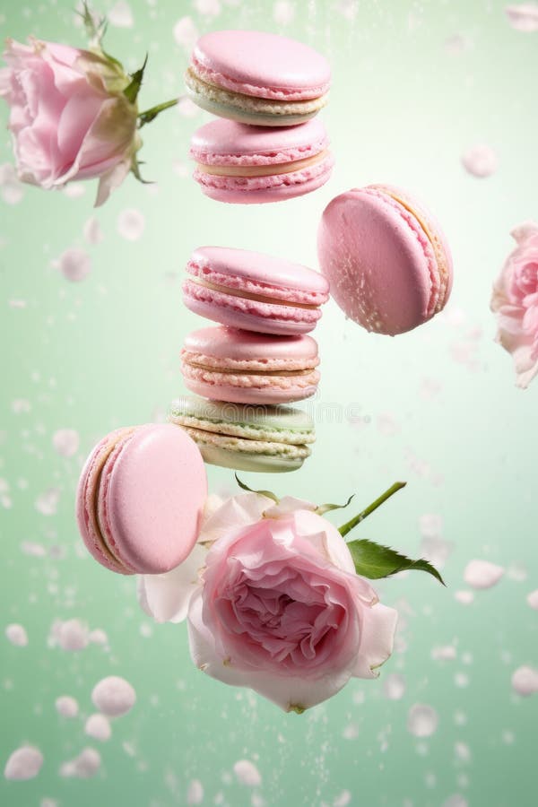 Levitating Flying Macaroons with Pink Roses Composition Stock ...