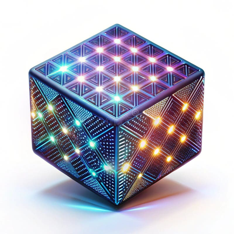 Levitating Glowing Cube with Rotating Geometric Patterns Isolated on ...