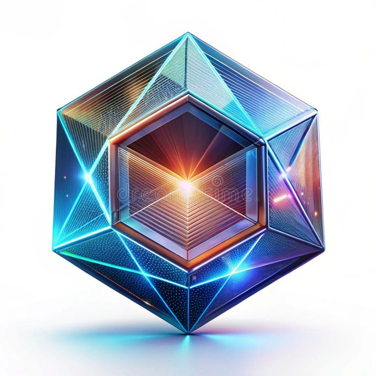 Levitating Glowing Hexagonal Prism with Rotating Digital Effects Stock ...