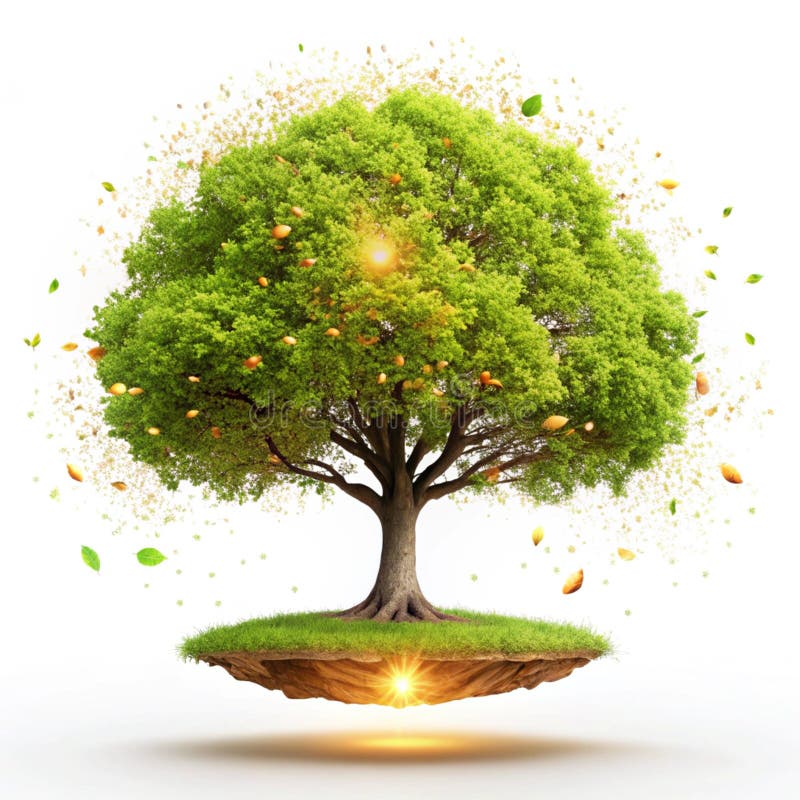 Levitating Glowing Tree with Floating Falling Leaves Stock Illustration ...
