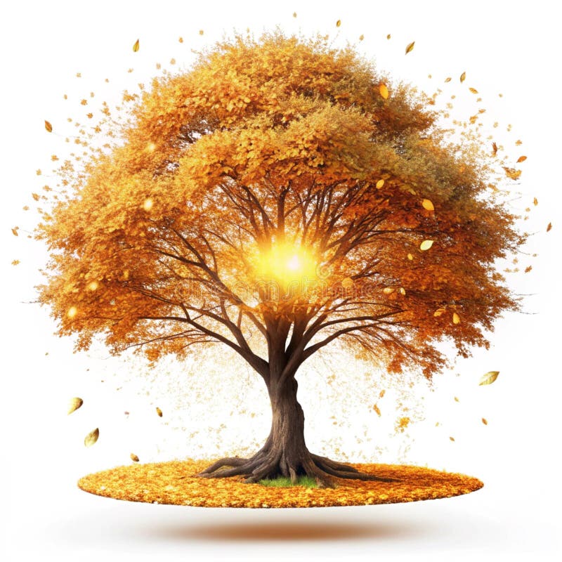 Levitating Glowing Tree with Floating Falling Leaves Stock Illustration ...