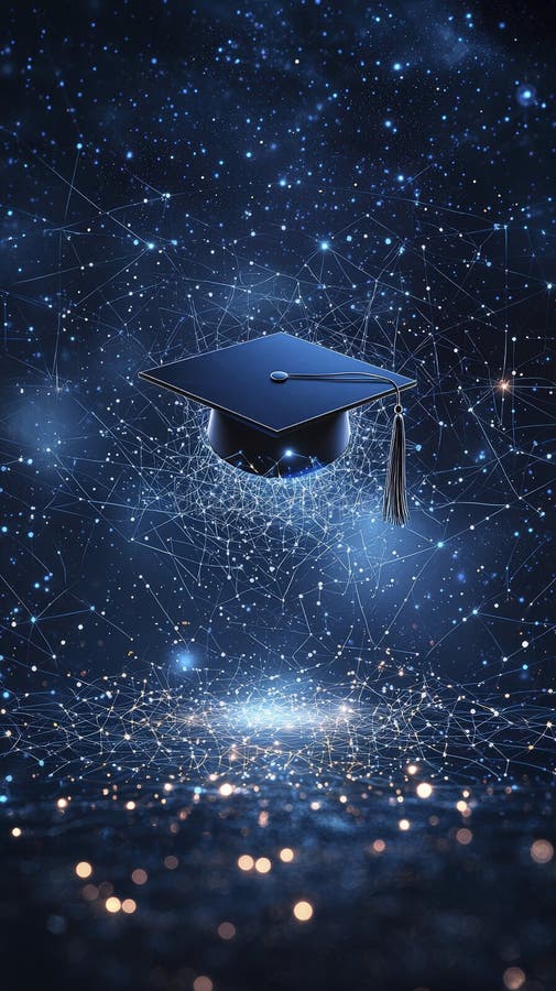 Levitating Graduation Cap in Starry Digital Landscape Stock ...