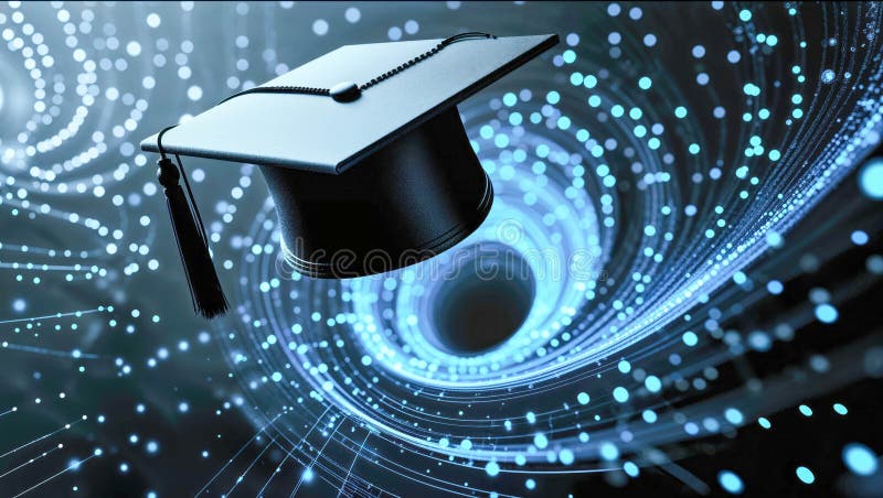 A Levitating Graduation Cap Surrounded by Futuristic Blue Digital ...