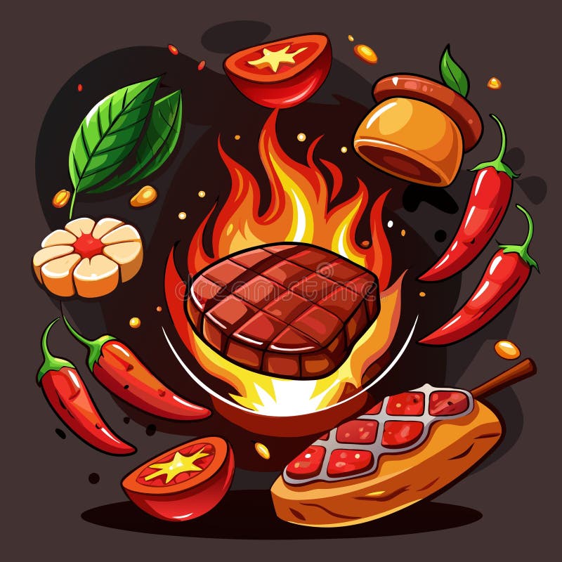 Levitating Grilled Steaks or Burger Chops with Chili Pepper and Fire ...
